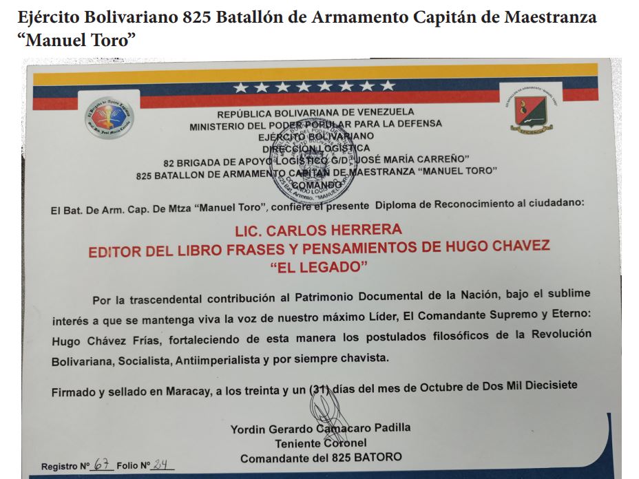 Libro de Chávez Frases y Pensamientos “El Legado” recibió reconocimiento del 825 Batallón de ...