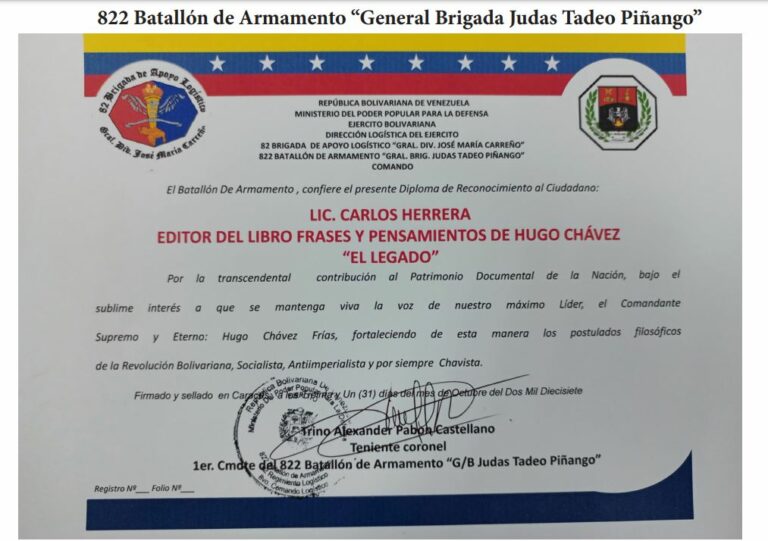 Libro de Chávez Frases y Pensamientos “El Legado” recibió reconocimiento del 822 Batallón de ...